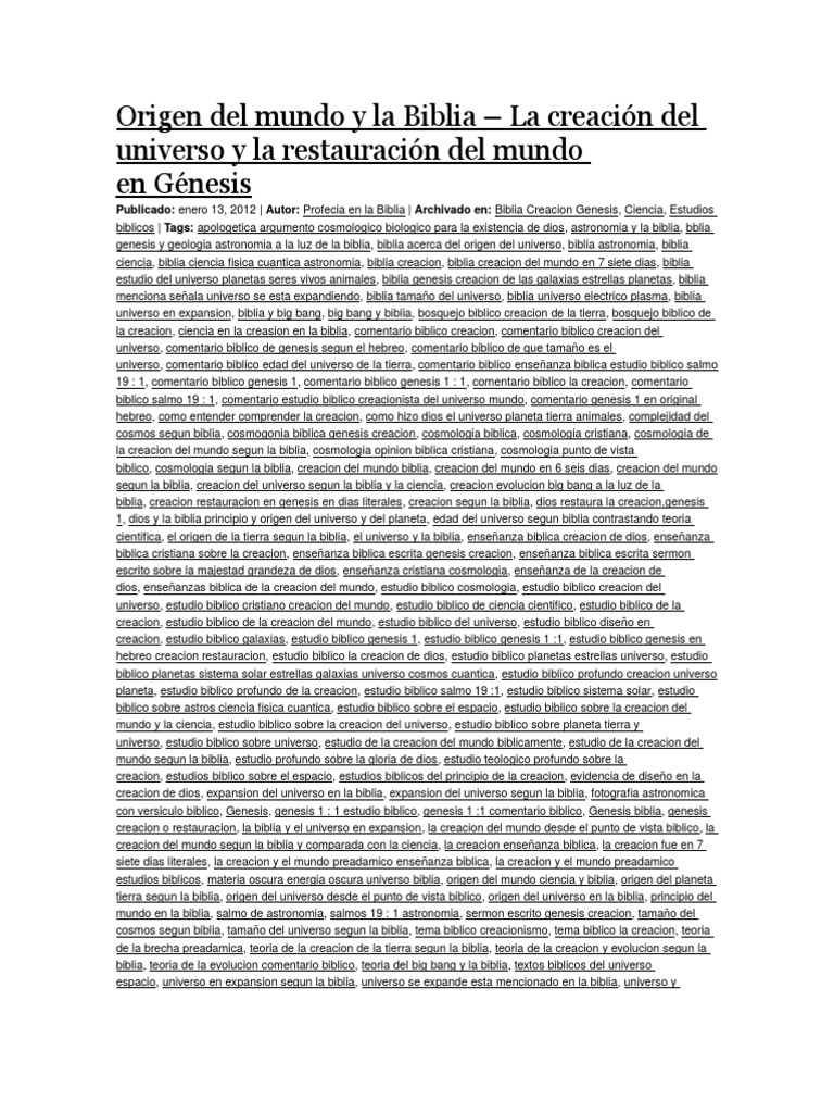Origen Del Mundo y La Biblia | PDF | Creacionismo | Universo