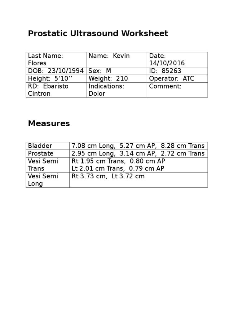 Prostatic Ultrasound Worksheet | PDF | Art | Wellness