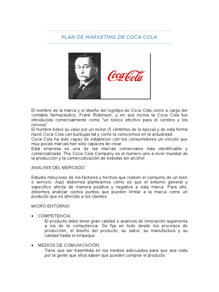 Plan de Marketing de Coca Cola | PDF | Procter & Gamble | Coca Cola