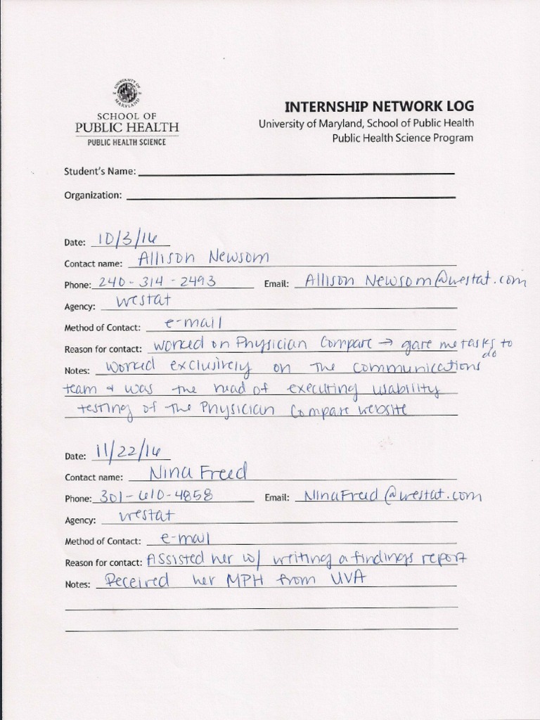 Internship Network Log Template | PDF