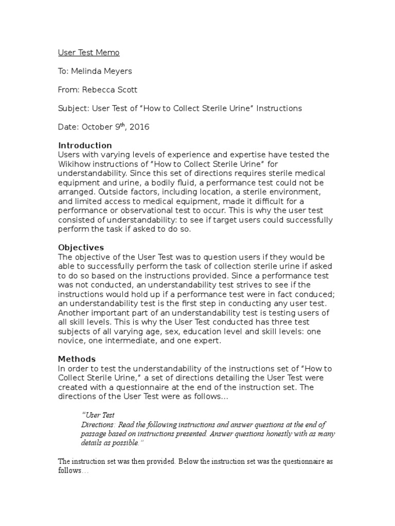Eng 3050 User Test Memo | PDF | Urine | Expert