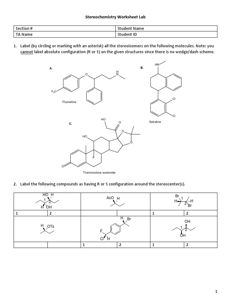Stereochemistry Worksheet Lab | Stereochemistry | Organic Chemistry