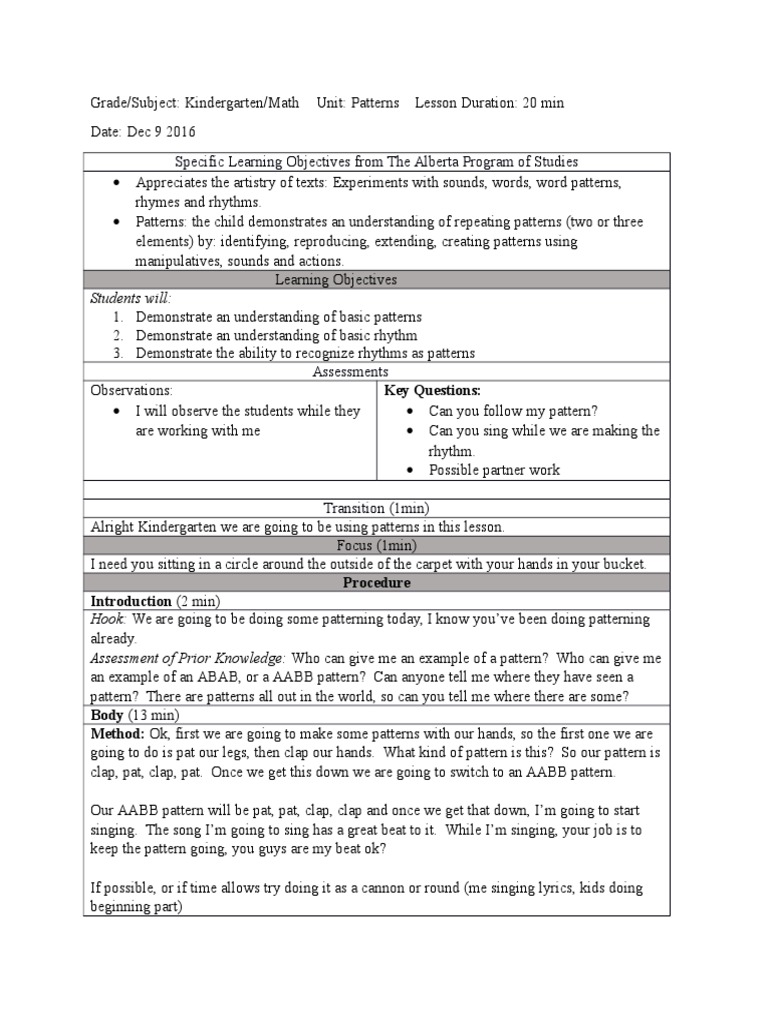 Math Patterns Lesson Kindergarten | PDF | Educational Assessment | Rhythm