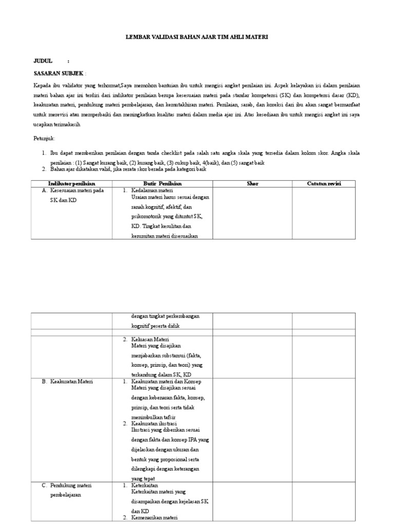 Lembar Validasi Bahan Ajar Tim Ahli Materi | PDF Lembar Validasi Bahan Ajar Tim Ahli Materi | PDF