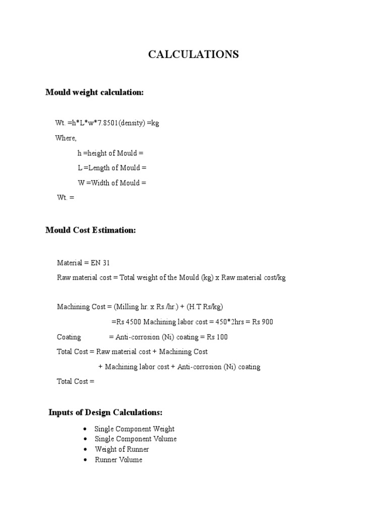 Calculations: Mould Weight Calculation | PDF