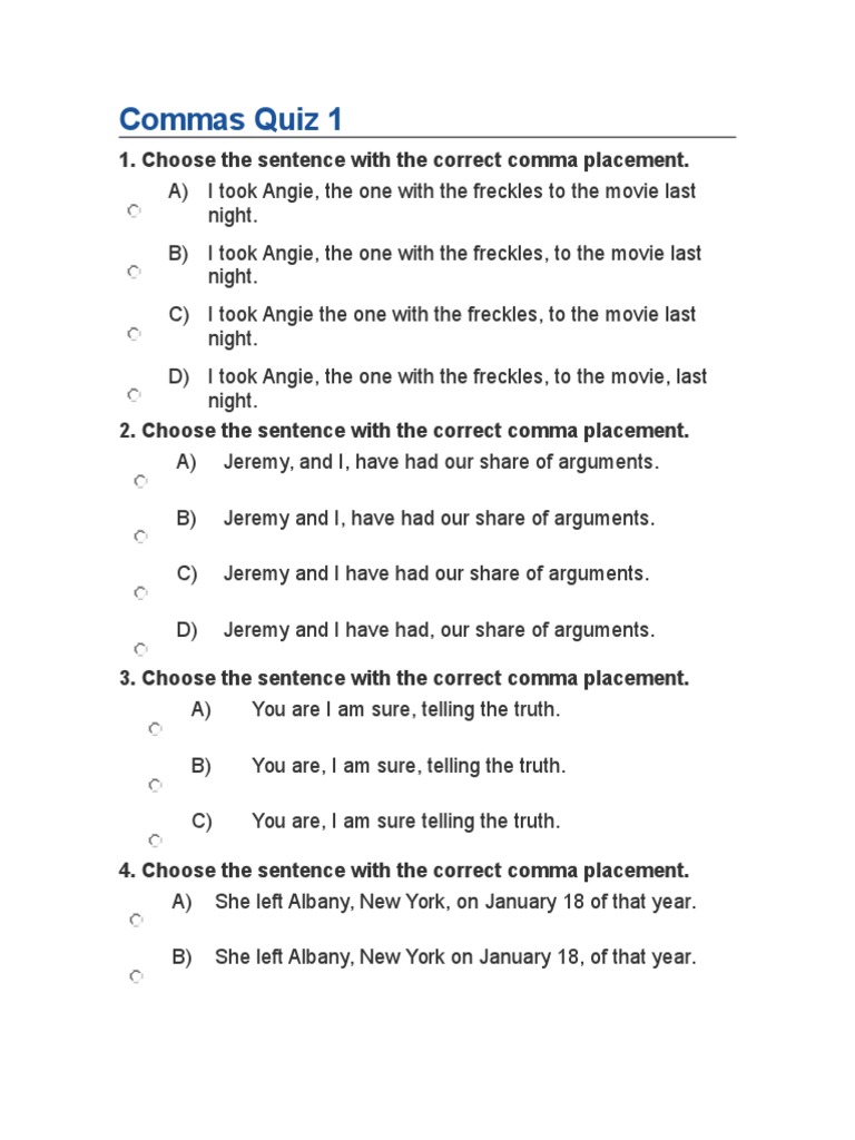 Commas Quiz 1 | PDF | Comma | Rules