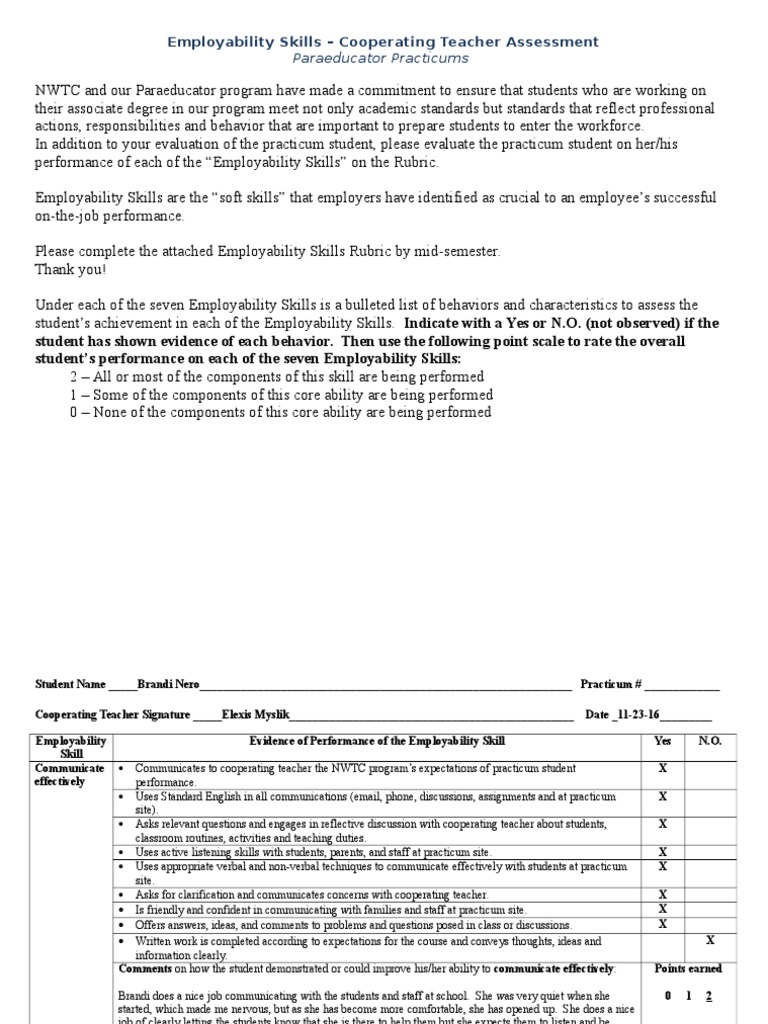 Employability Skills - Cooperating Teacher Assessment: Paraeducator ...
