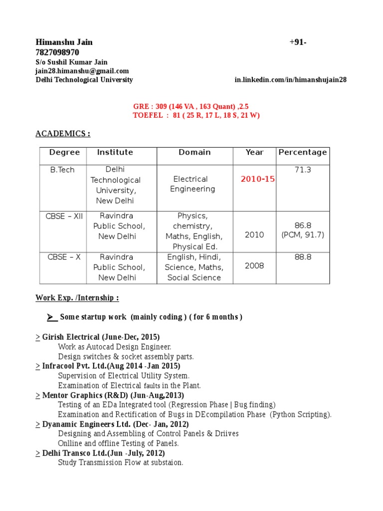 Himanshu Jain - CV For GRE | PDF | Scada | Matlab