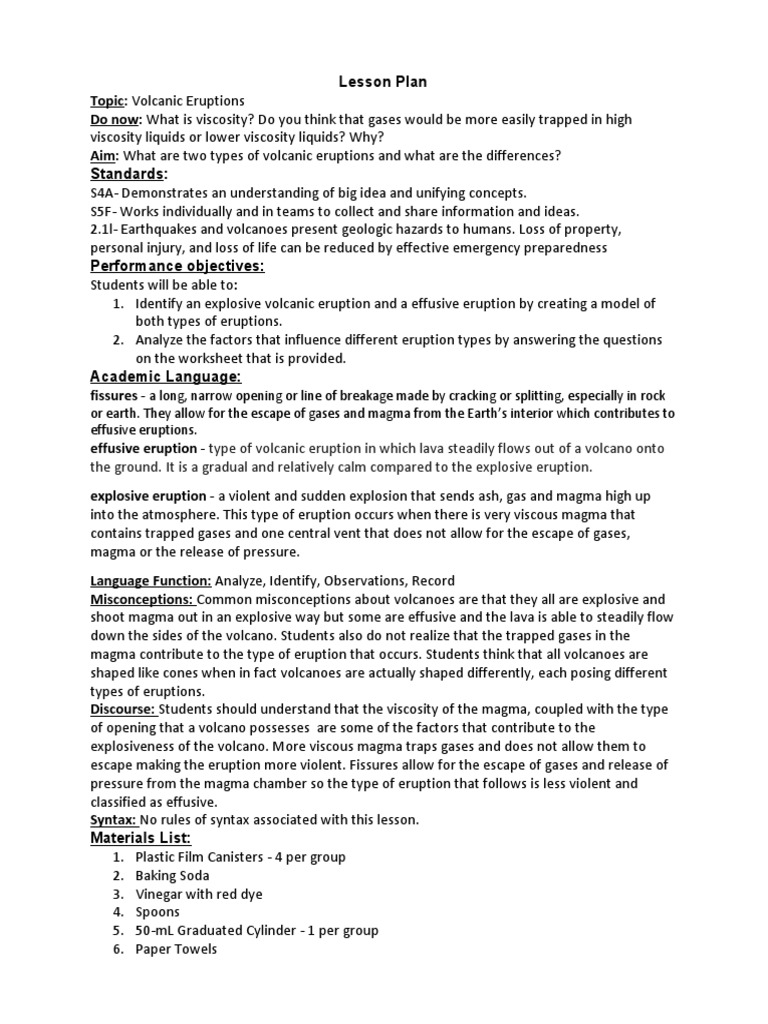 Volcanic Eruptions Lesson Plan | PDF | Types Of Volcanic Eruptions ...