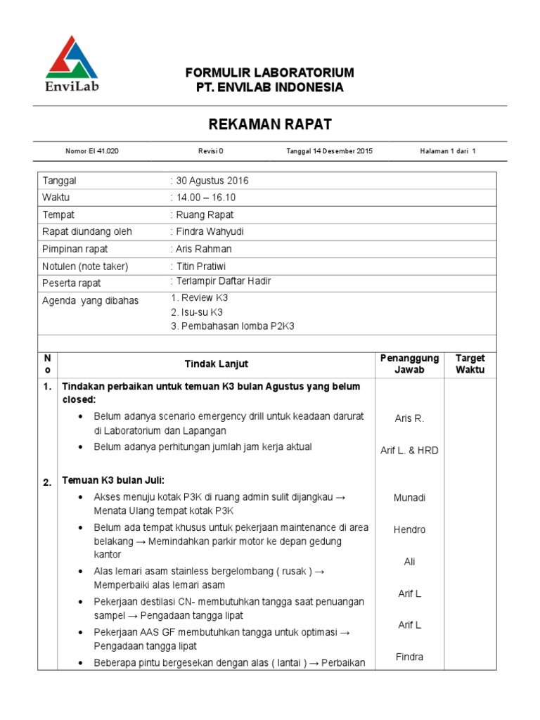 Rekaman Rapat P2K3 30 Agustus 2016 | PDF