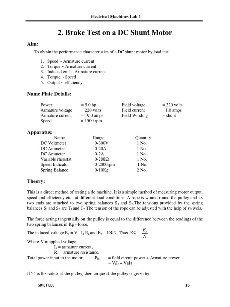 2 Brake Test On DC Shunt Motor | PDF | Electromagnetism | Force
