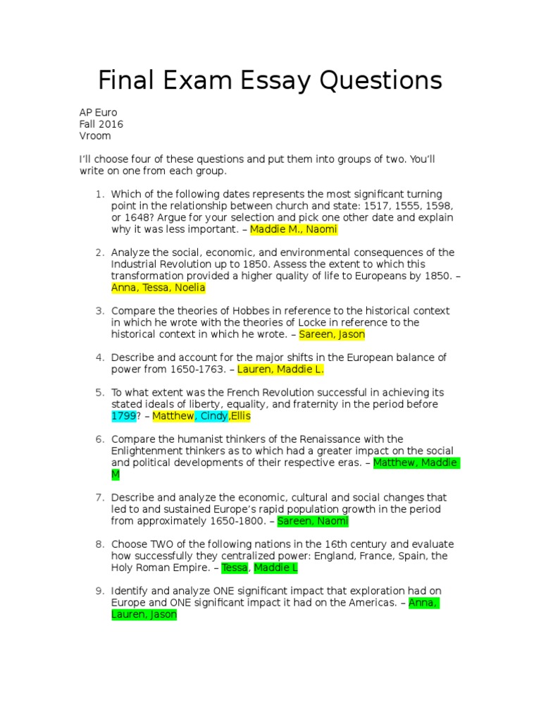 AP Euro Final Exam Essay Topics | PDF