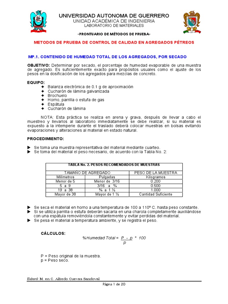 Puebas Control de Calidad Agregados Petreos | PDF | Hormigón | Densidad