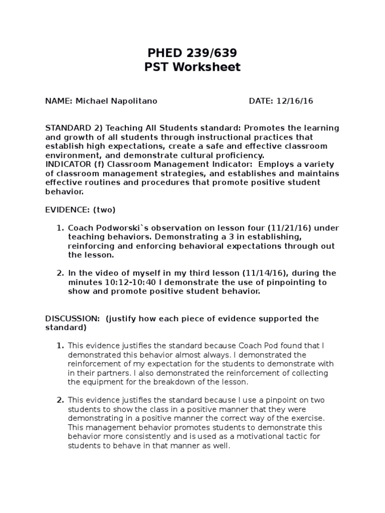 PHED 239/639 PST Worksheet | PDF
