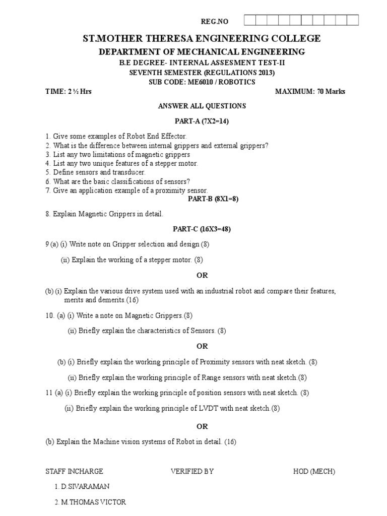 Robotics Internal Assessment Test - Questions Covering End Effectors ...