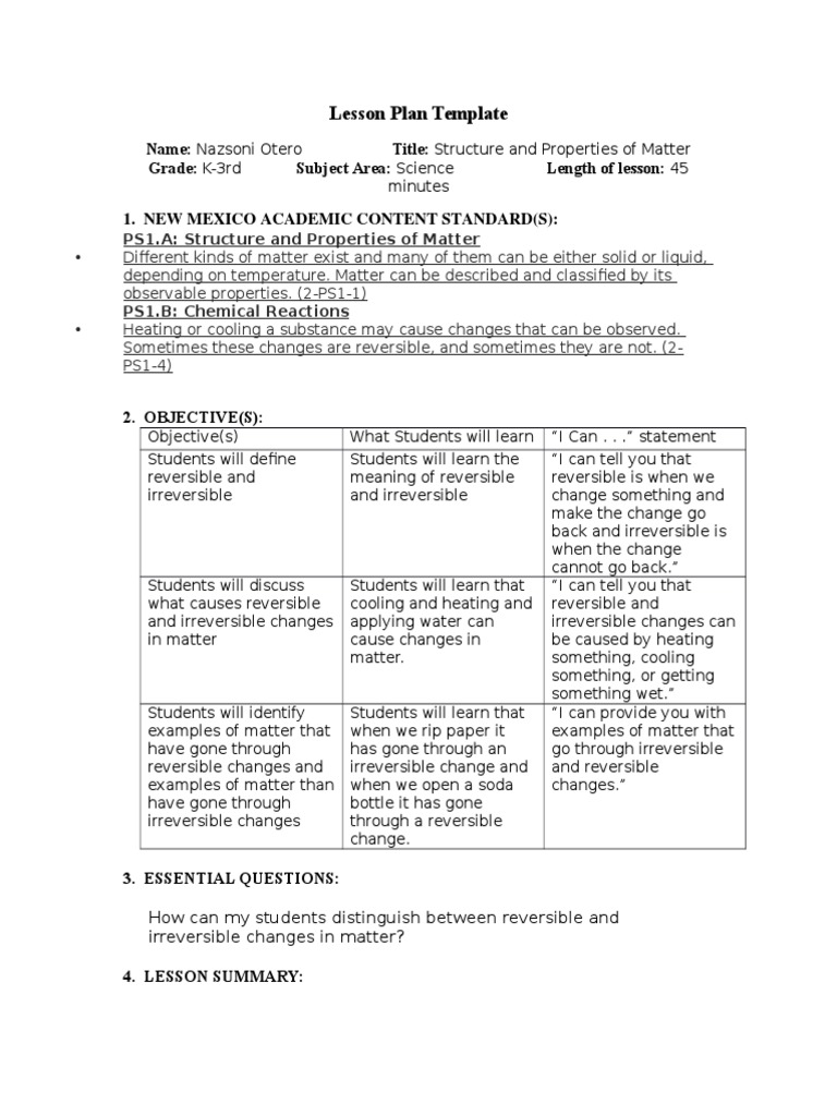 Lesson Plan - Reversible and Irreversible | PDF | Matter | Vocabulary