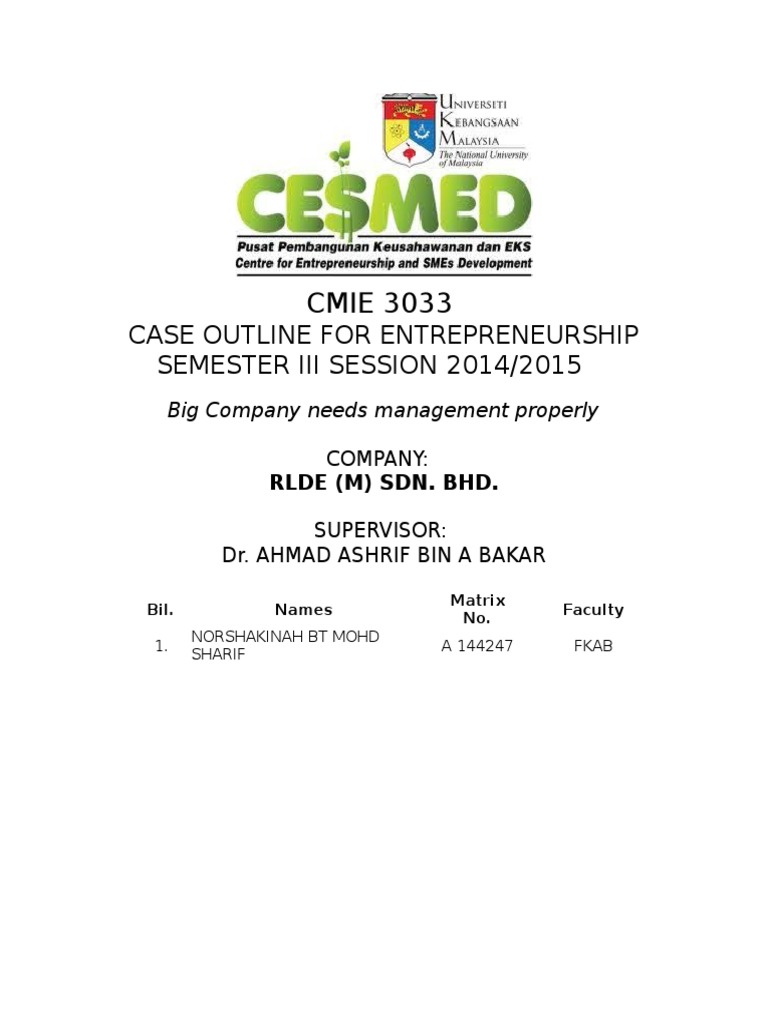 CMIE 3033: Case Outline For Entrepreneurship Semester Iii Session 2014/ ...