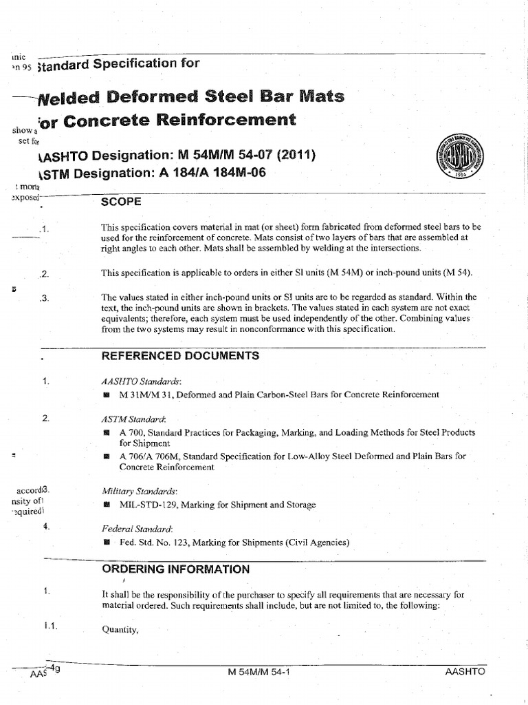 AASHTO M 54M/M 54 Steel Bar Mats Specification | PDF | Welding ...