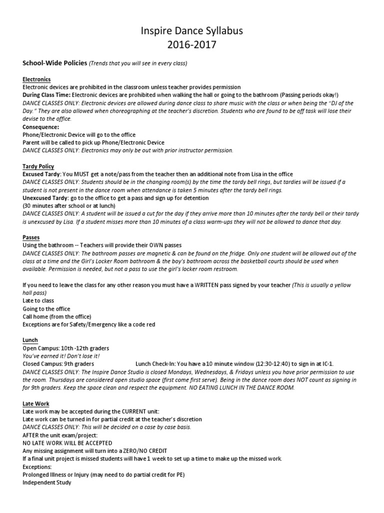 Inspire Dance Syllabus 2016 | PDF | Academic Term | Curriculum