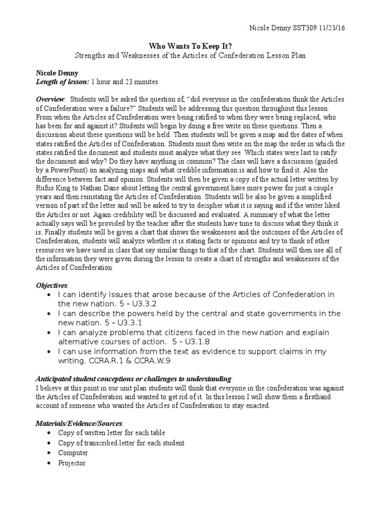 Strengths and Weaknesses of The Articles of Confederation Lesson Plan ...
