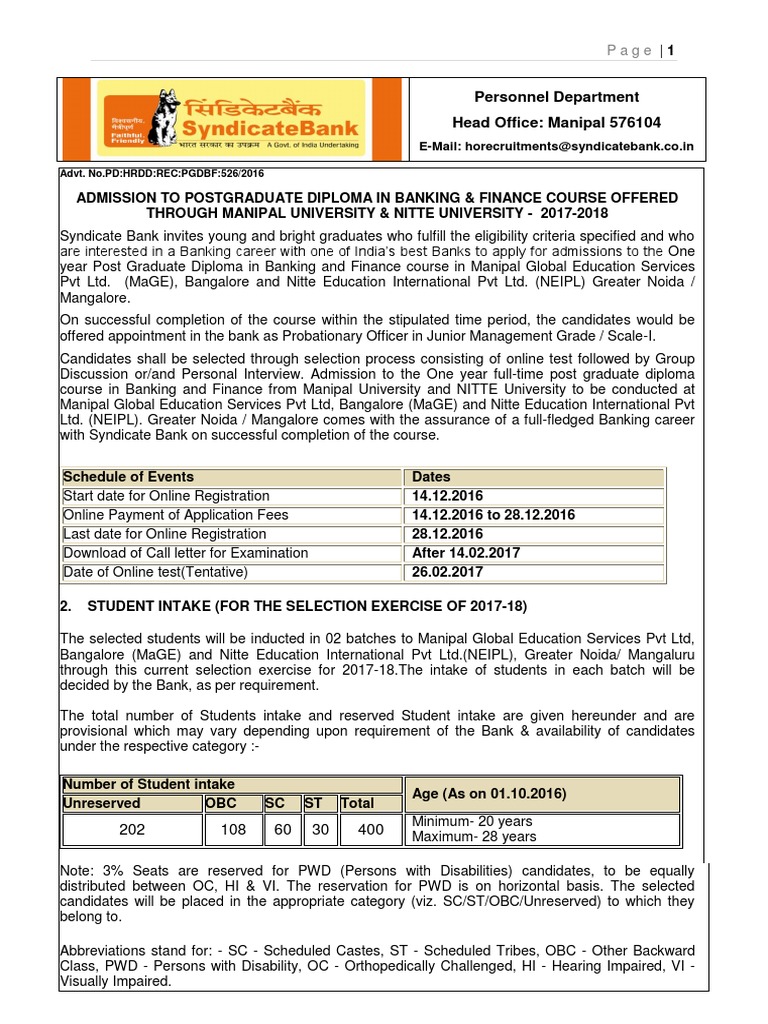 Personnel Department Head Office: Manipal 576104: Advt. No - PD:HRDD ...