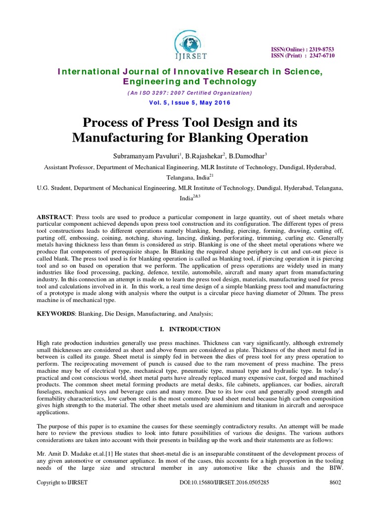 Process of Press Tool Design and Its Manufacturing For Blanking ...