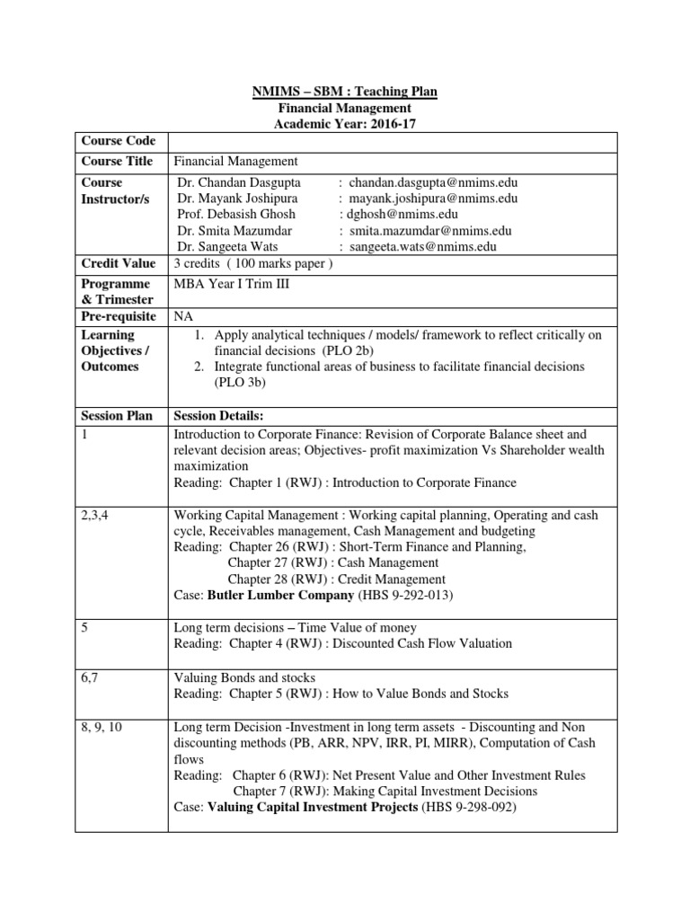 NMIMS - SBM: Teaching Plan Financial Management Academic Year: 2016-17 ...