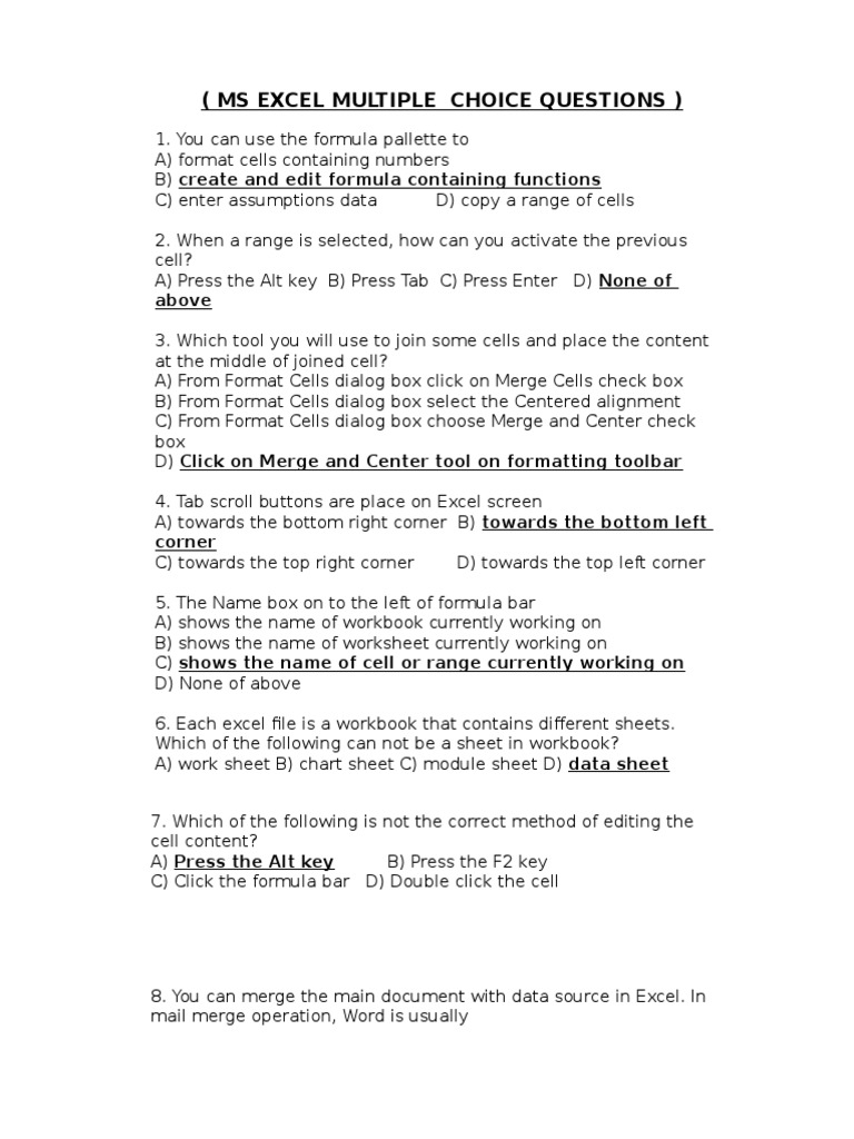 MS EXCEL MULTIPLE CHOICE QUIZ | PDF | Microsoft Excel | Spreadsheet