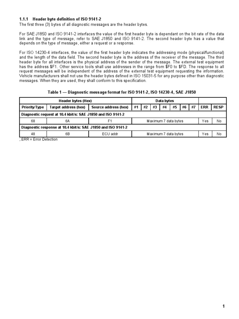 1.1.1 Header Byte Definition of ISO 9141-2 | PDF | Vehicle Technology ...