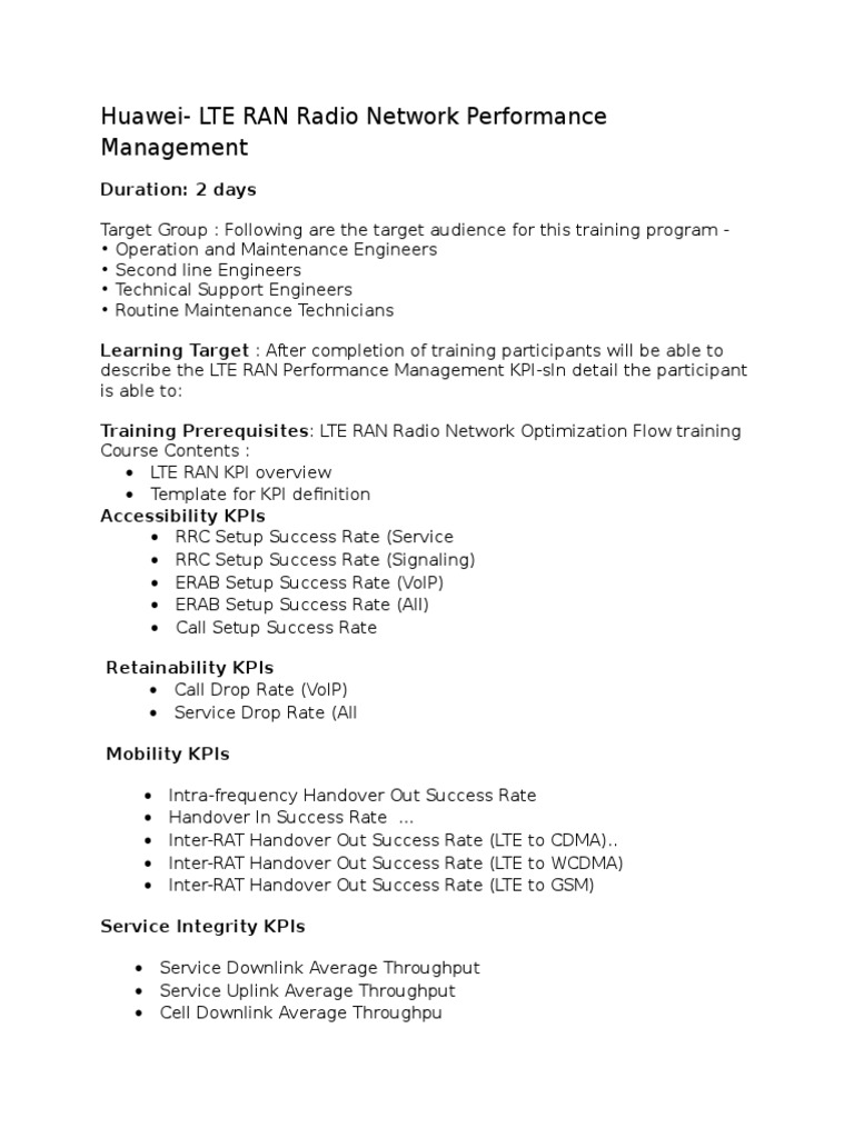 Huawei-LTE RAN Radio Network Performance Management: Duration: 2 Days | PDF
