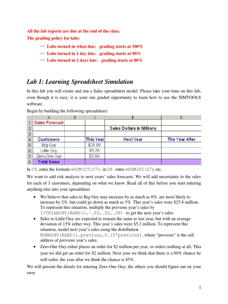 Lab 1: Learning Spreadsheet Simulation | PDF | Spreadsheet | Analysis
