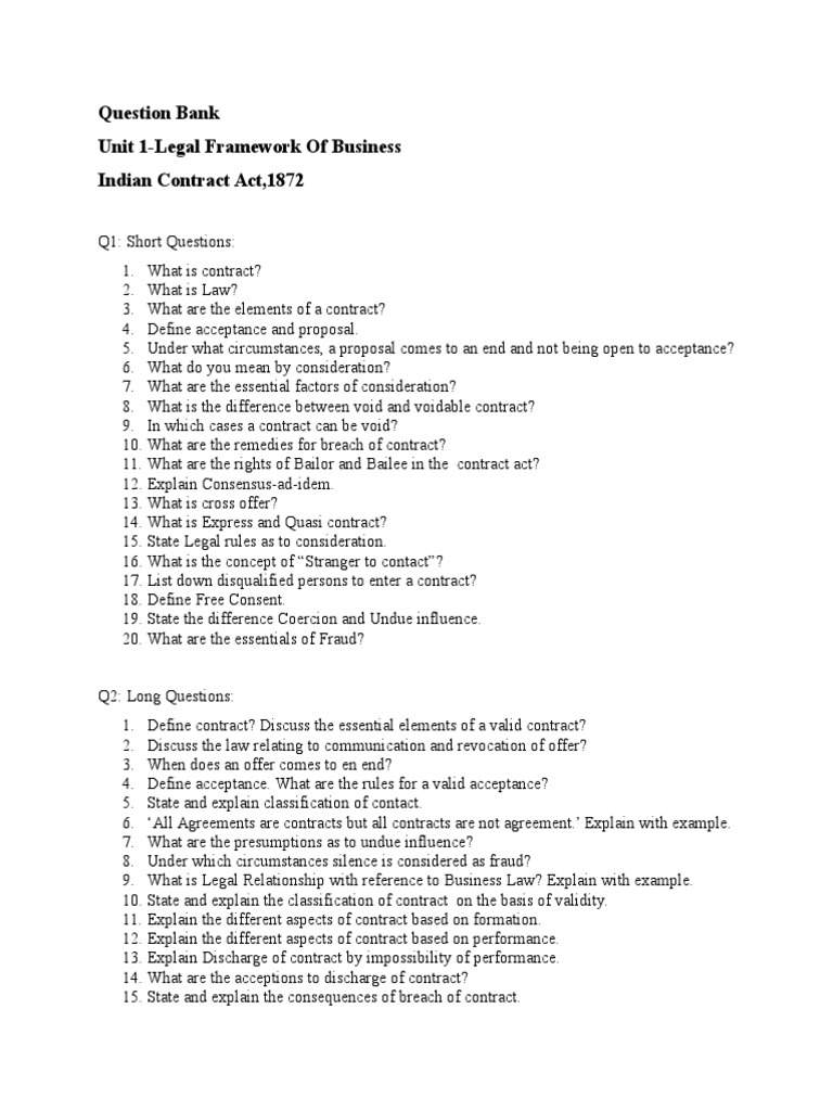 Question Bank Unit 1-Legal Framework of Business Indian Contract Act ...