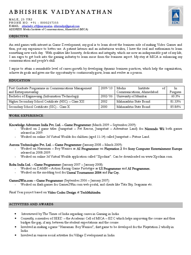 Abhishek Vaidyanathan MICA CV | PDF | Video Games | Computing And Information Technology