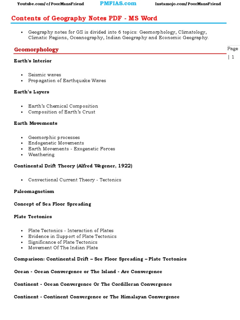 Geography Notes GS UPSC IAS Contents PMFIAS PDF | PDF