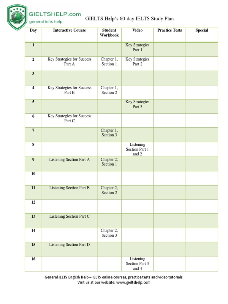 General IELTS 60 Day Study Plan | PDF | Tutorial | International ...