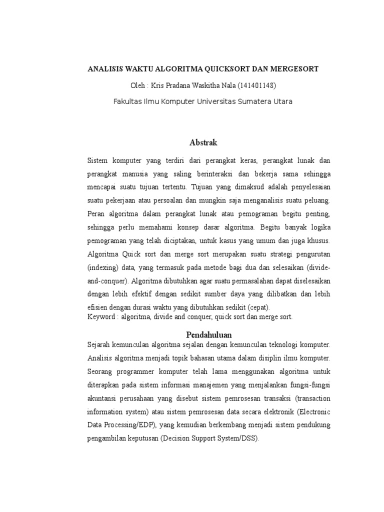 Analisis Waktu Algoritma Quicksort Dan Mergesort Pak Zarlis | PDF ...