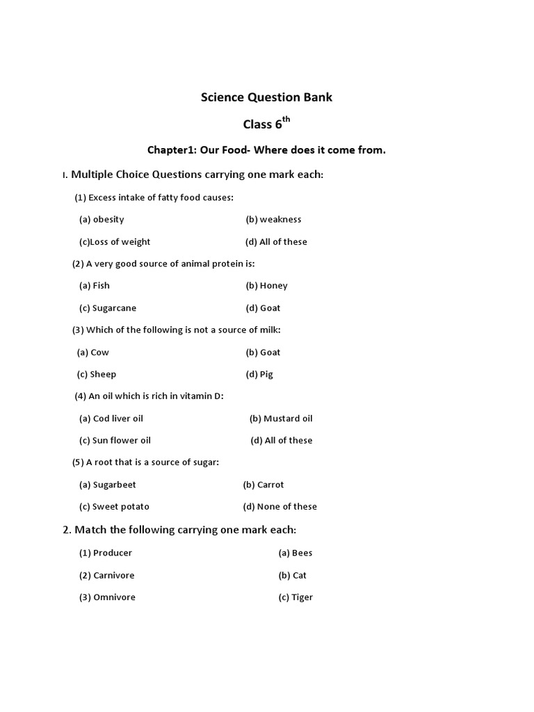 Science Question Bank Class 6: - Multiple Choice Questions Carrying One ...