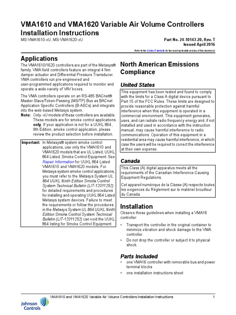 VMA1610 and VMA1620 Variable Air Volume Controllers Installation ...
