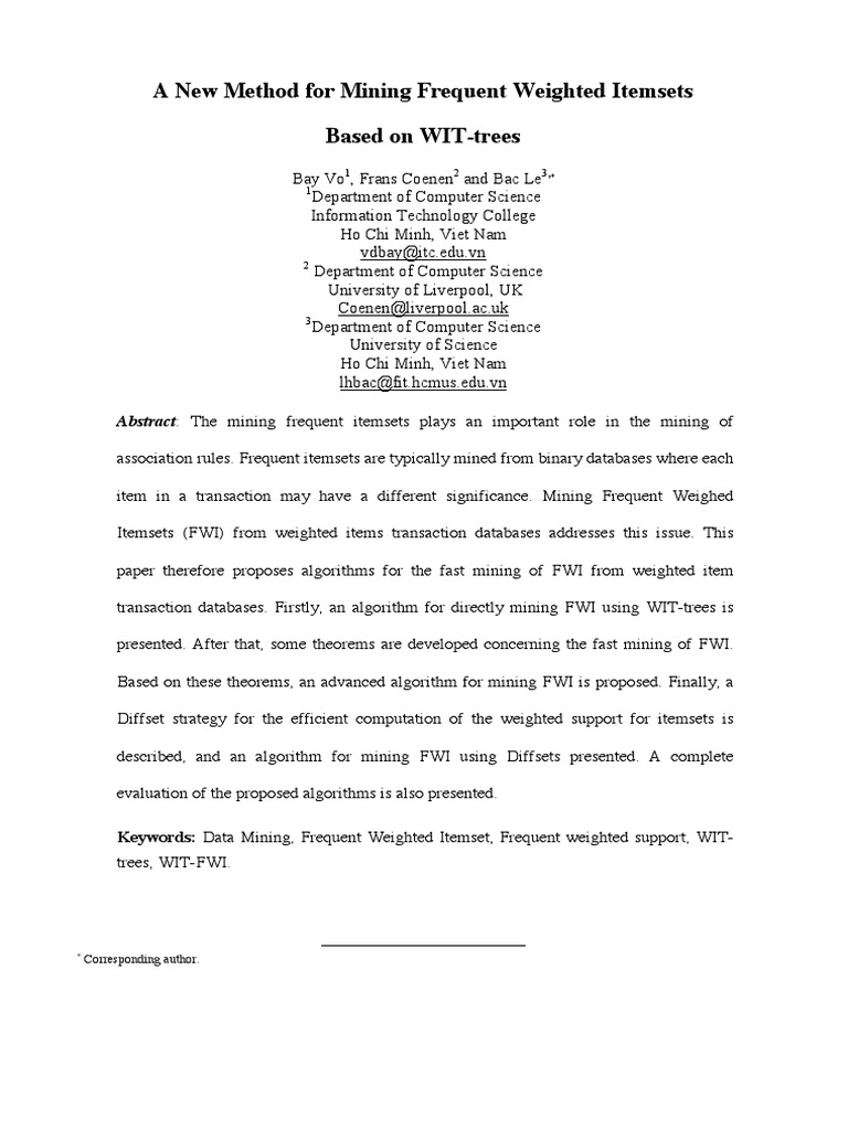 A New Method For Mining Frequent Weighted Itemsets Based On WIT-trees | PDF | Applied ...