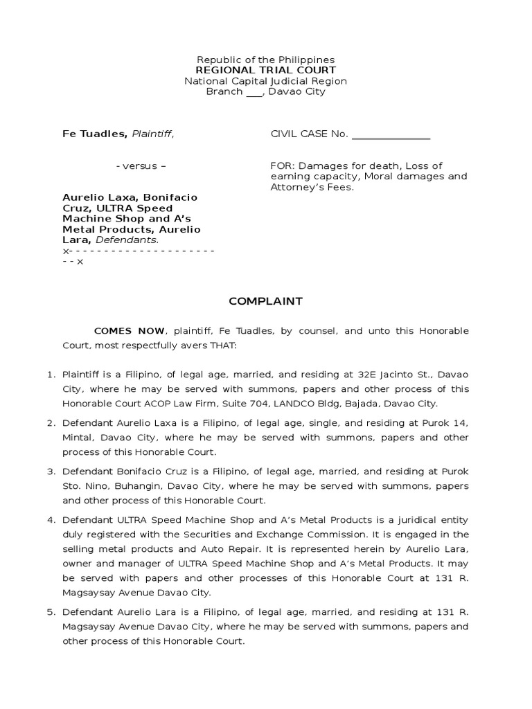 Sample Complaint | PDF | Lawsuit | Damages