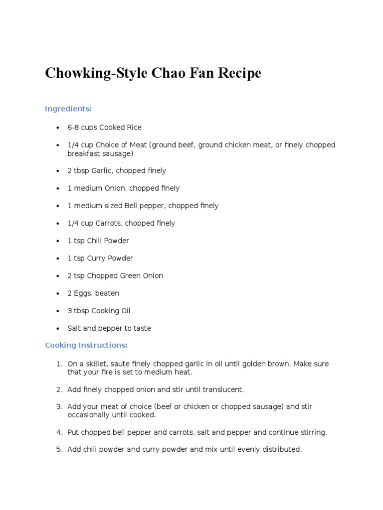 Chowking-Style Chao Fan Recipe: Ingredients | PDF