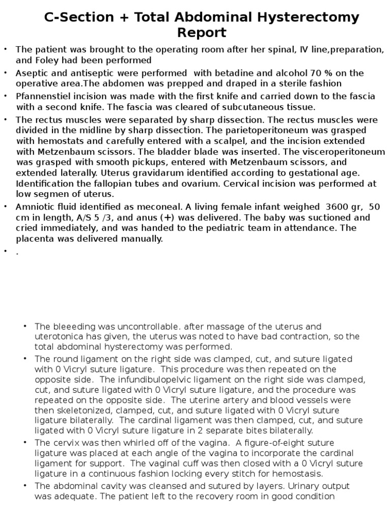 C-Section Delivery and Total Abdominal Hysterectomy Procedure Report ...