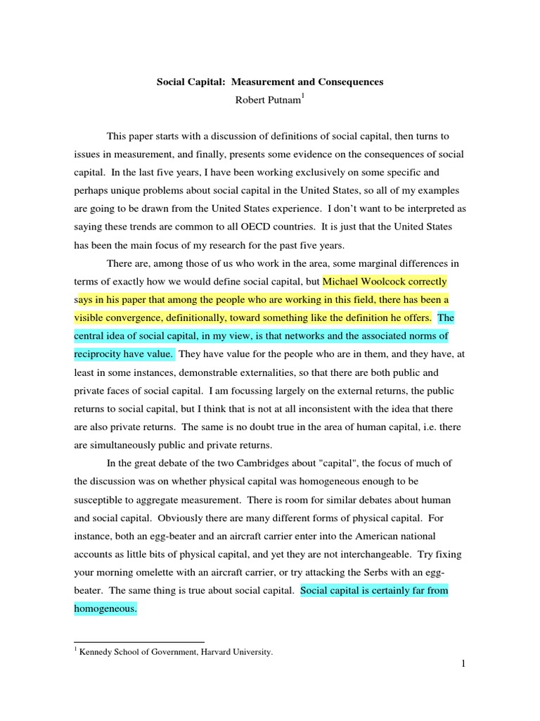 Putnam Robert Social Capital Measurement And Consequences Pdf