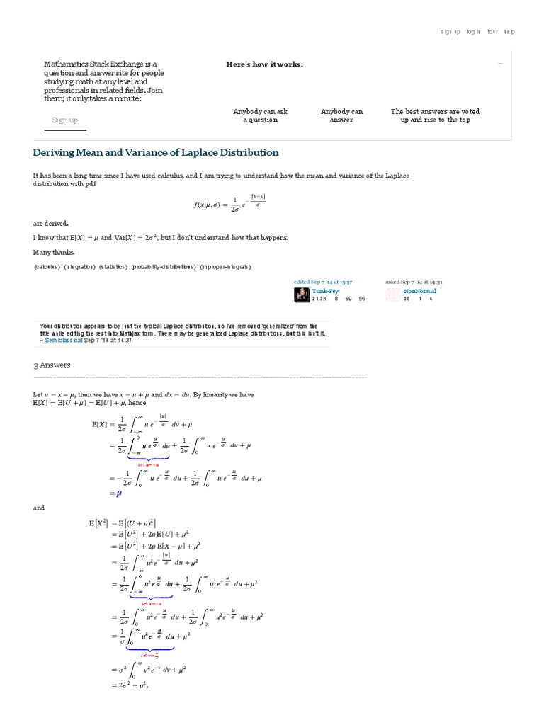 Deriving Mean and Variance of Laplace Distribution | PDF | Variance ...