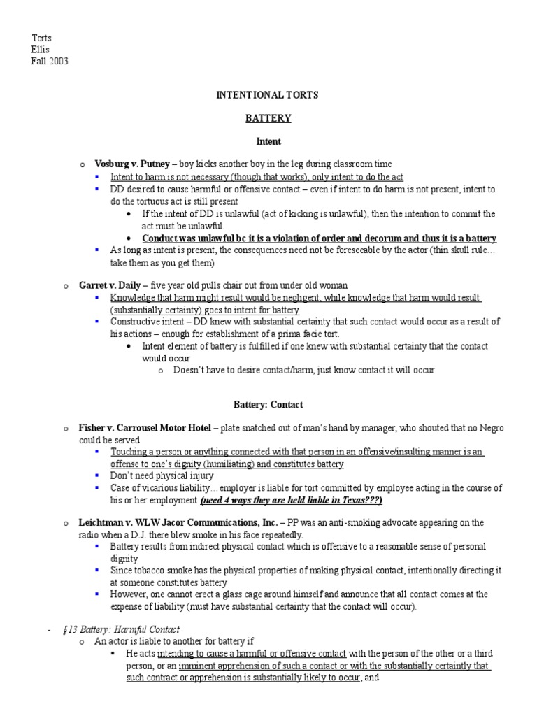 Intentional Torts Battery Intent Vosburg v. Putney - Boy Kicks Another ...