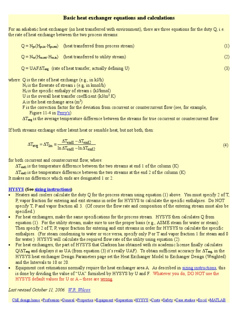 Basic Heat Exchanger Equations and Calculations: Perry's | PDF | Heat ...