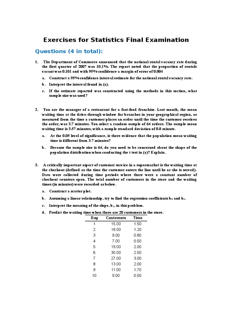 Exercises For Statistics Final Examination - Important | PDF