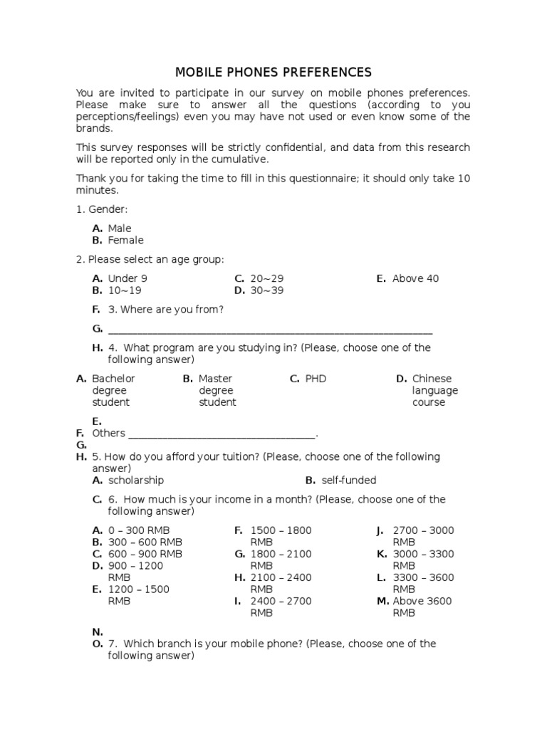 Mobile Phones Preferences | PDF | Survey Methodology | Questionnaire