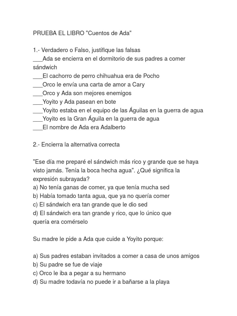 Prueba Preguntas El Libro Los Cuentos de Ada | PDF | Ocio