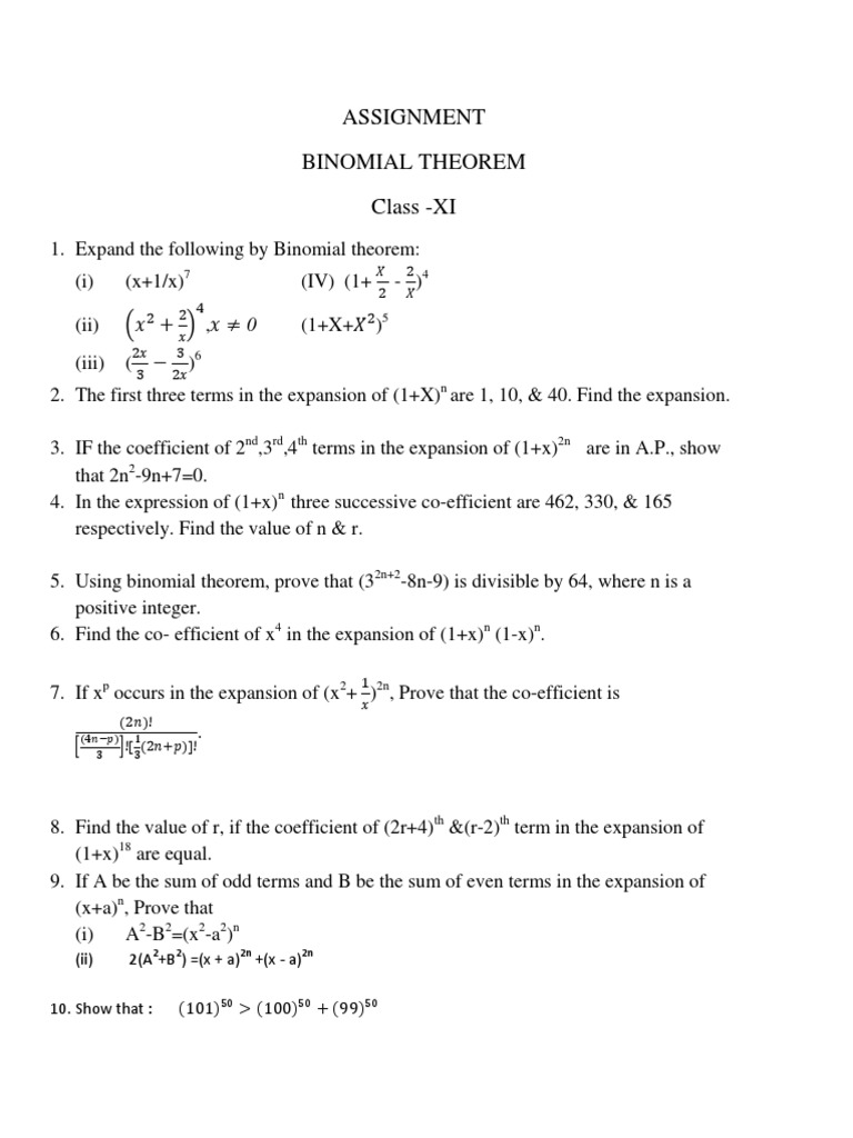 Assignment Binomial Theorem Class - XI: (Ii) 2 (A +B) (X + A) + (X - A) 10. Show That: (101 ...